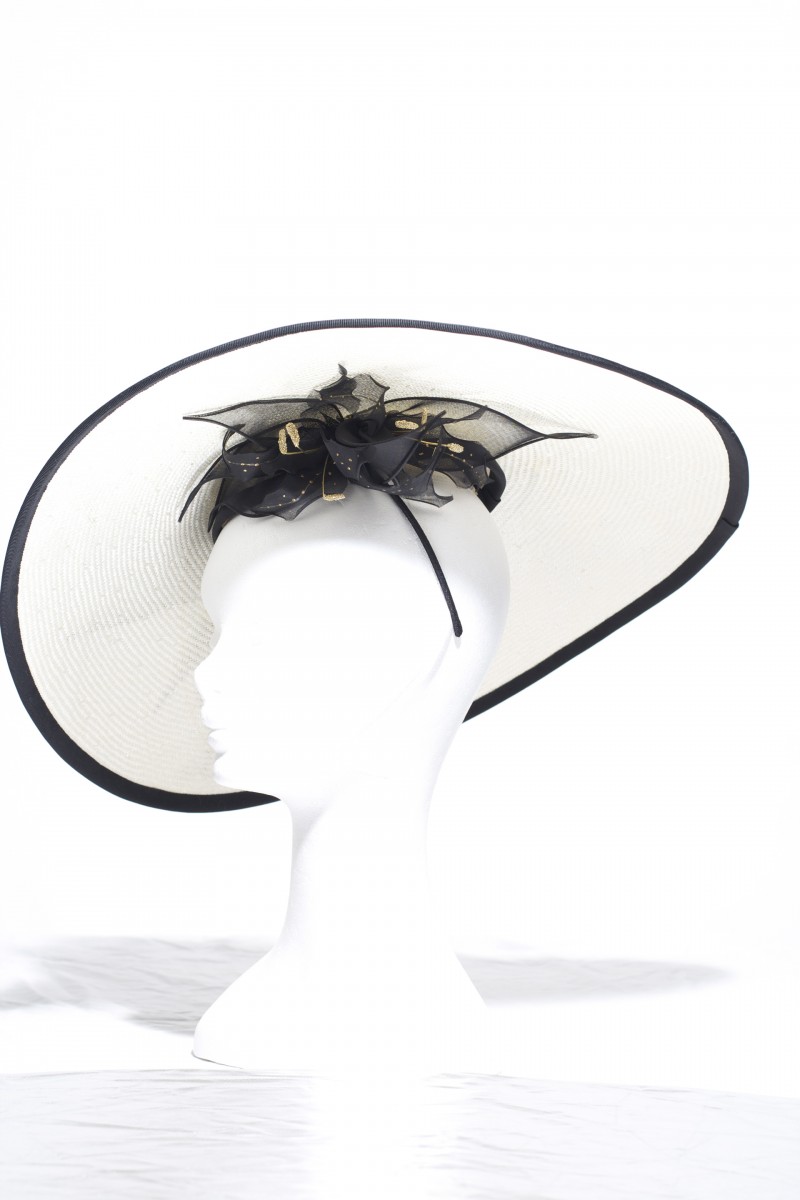 Cream and black large straw disc hat with black and gold lily trim ...