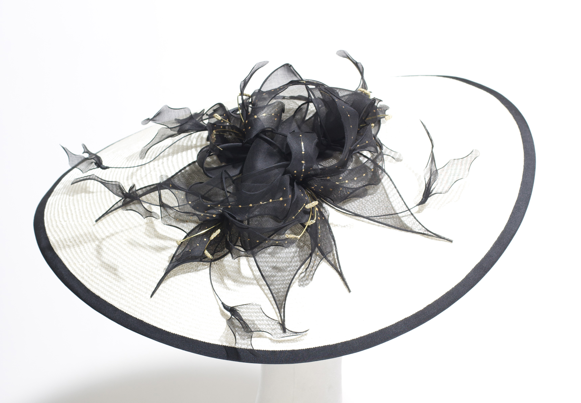 Cream and black large straw disc hat with black and gold lily trim ...